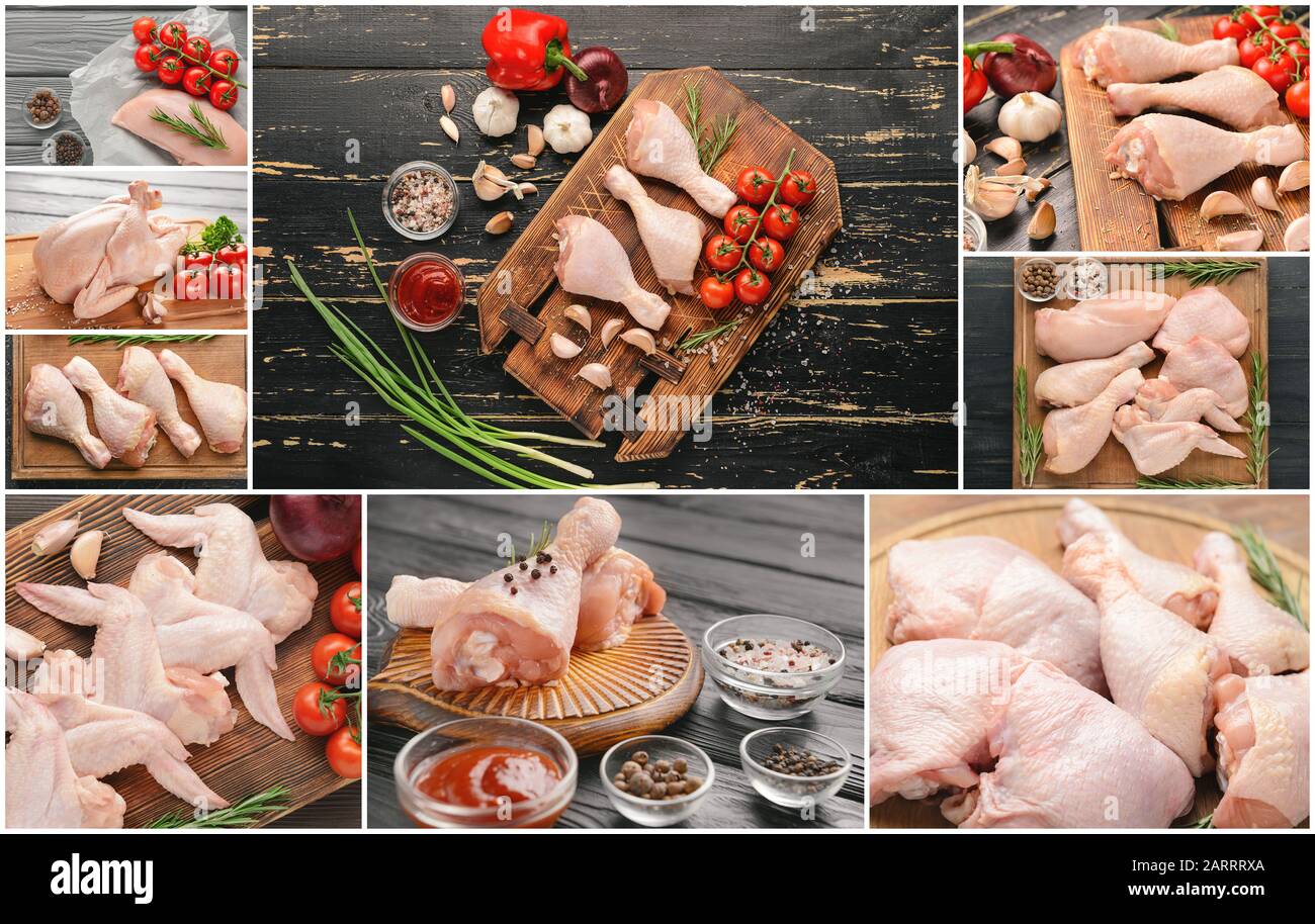Collage with raw chicken meat and vegetables Stock Photo - Alamy