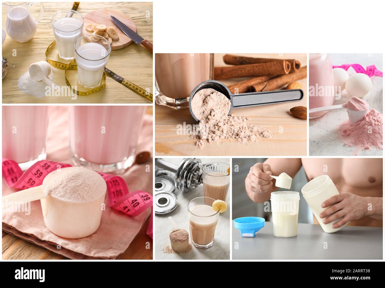 Collage of photos with protein shake and powder Stock Photo - Alamy