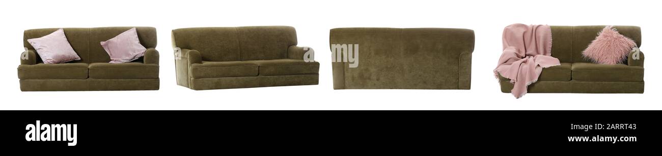 Collage with comfortable sofa on white background Stock Photo - Alamy
