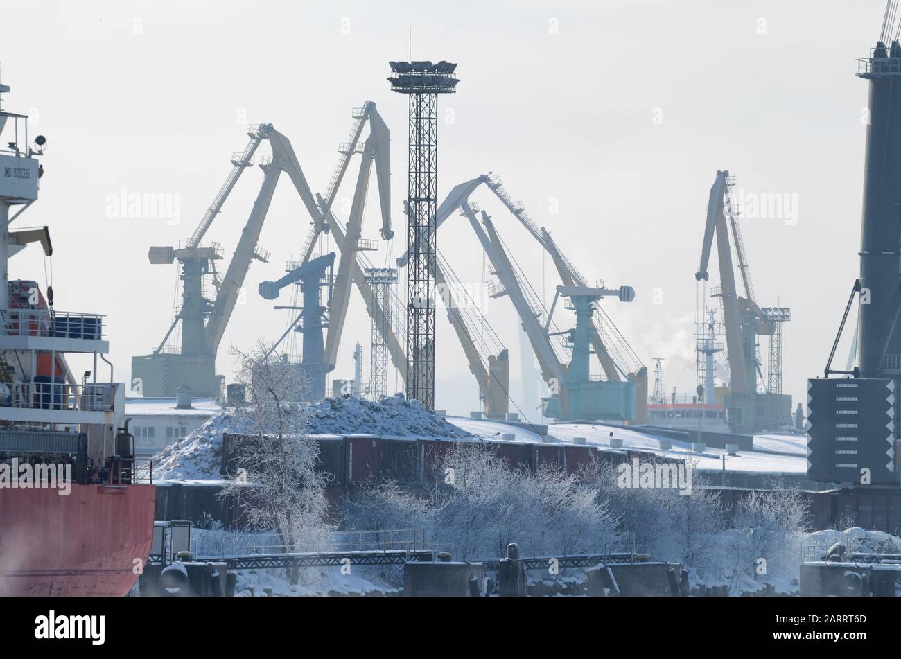 Seaport in the winter.Here, loading and unloading of ships is carried ...