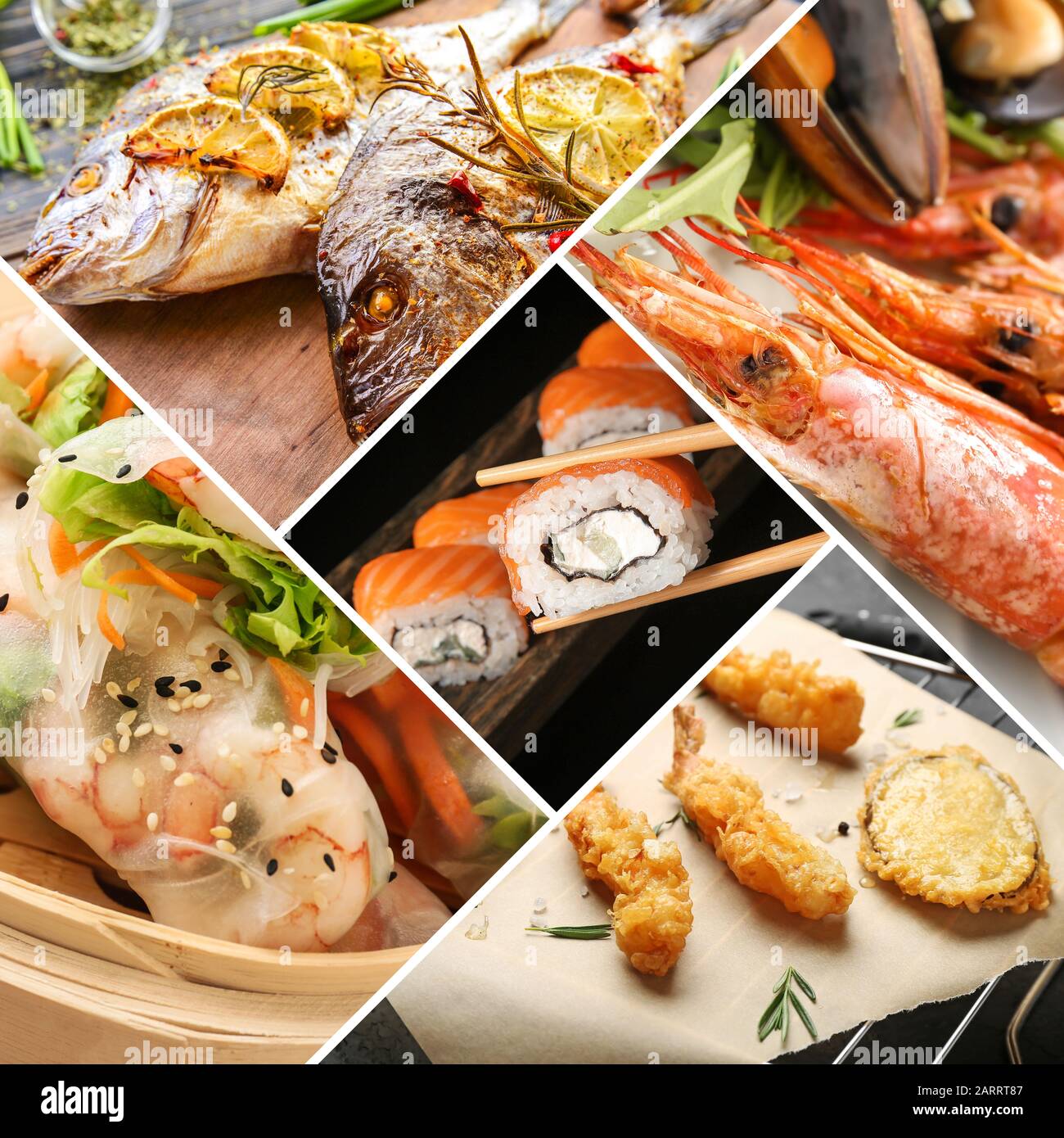 Collage of photos with different seafood dishes Stock Photo - Alamy