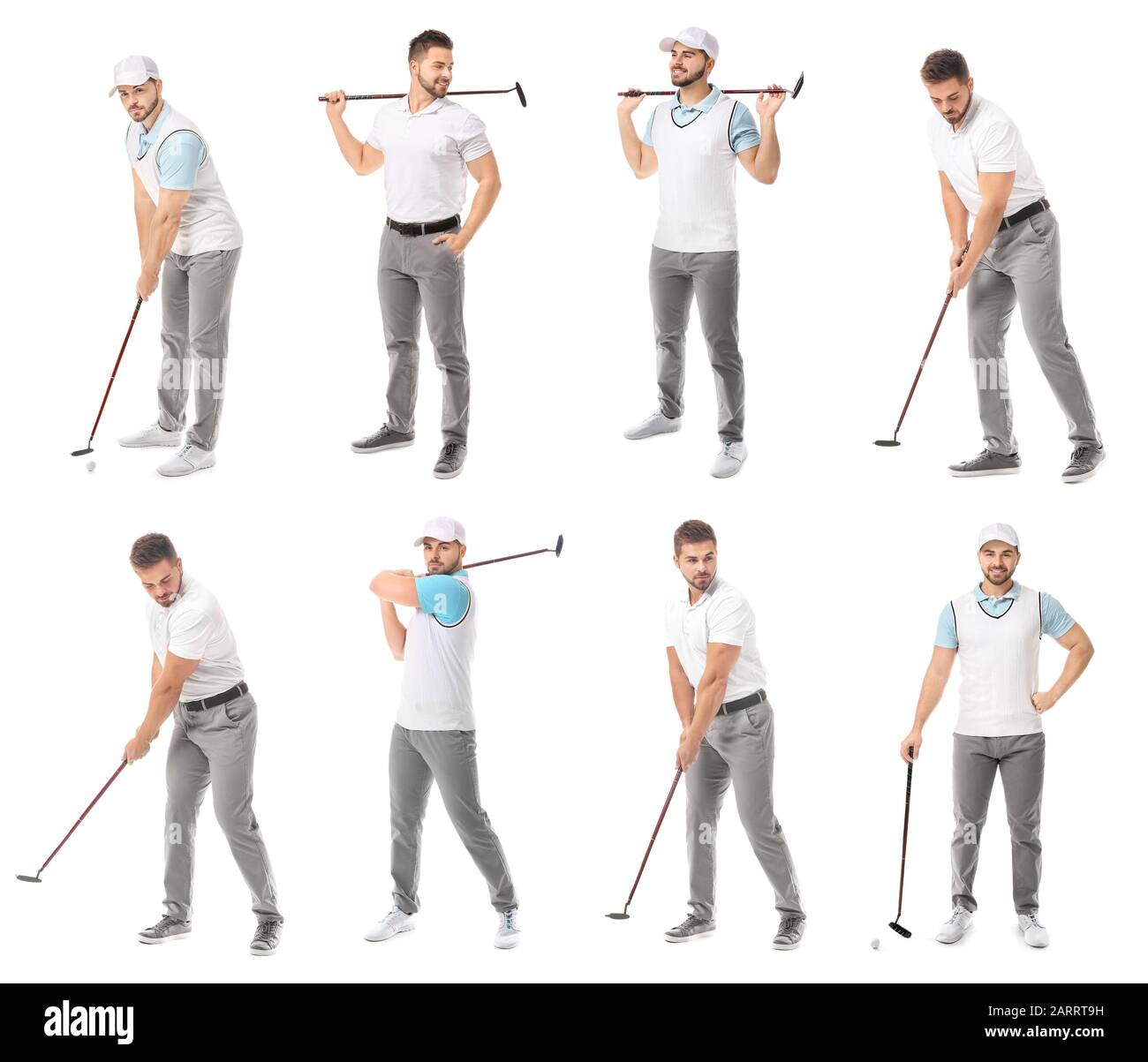 Collage with handsome male golfer on white background Stock Photo - Alamy