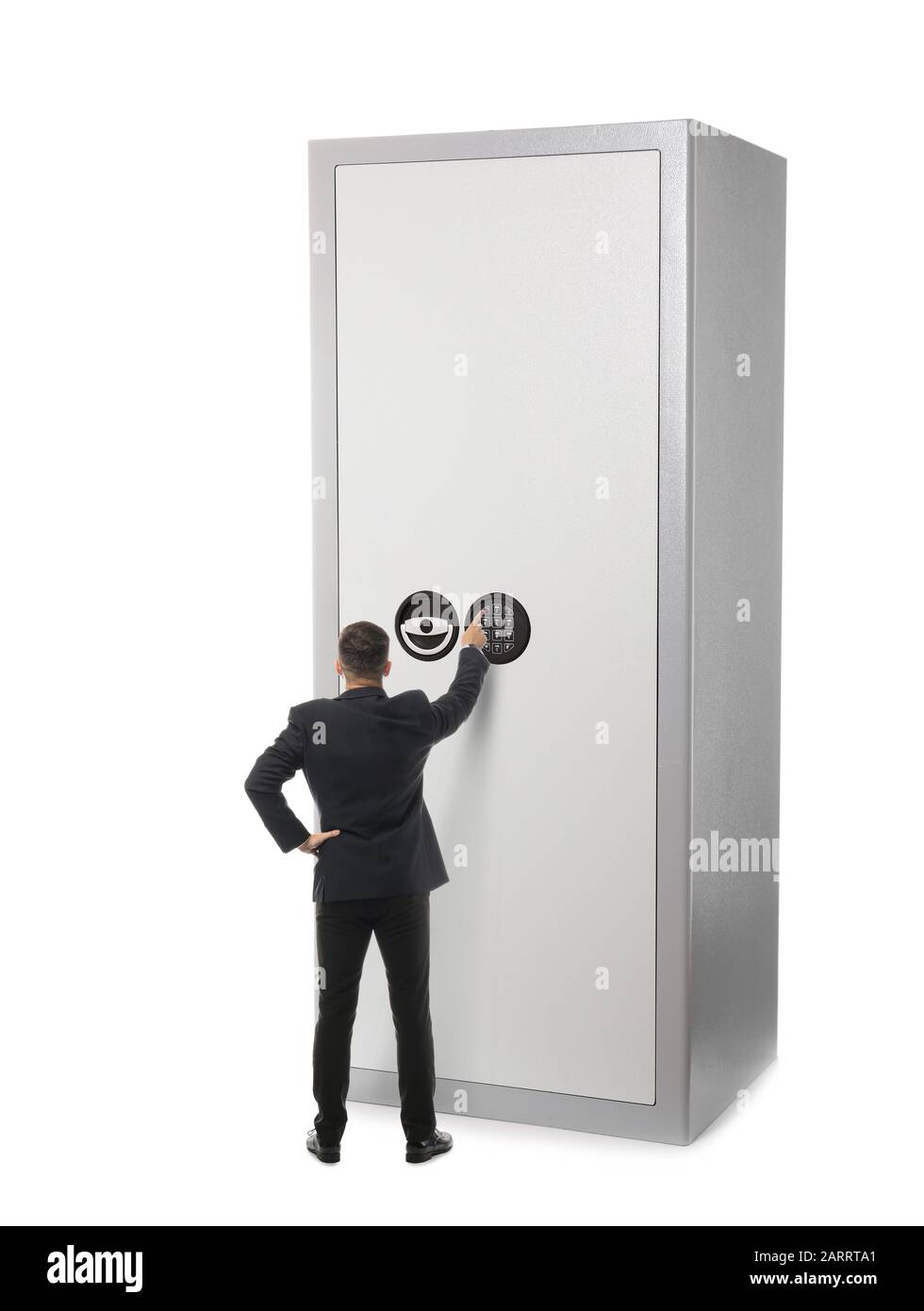 Businessman opening big safe box on white background Stock Photo - Alamy