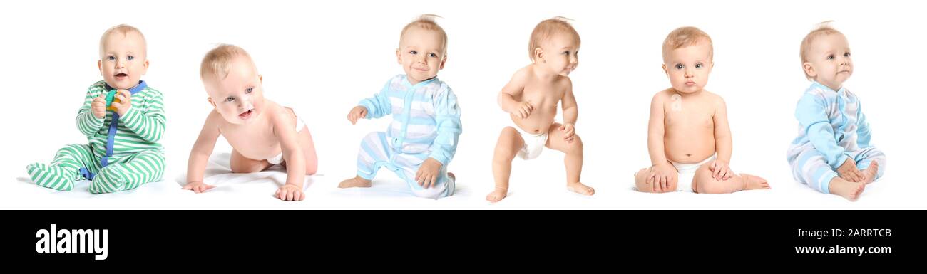 Collage with cute little babies on white background Stock Photo - Alamy
