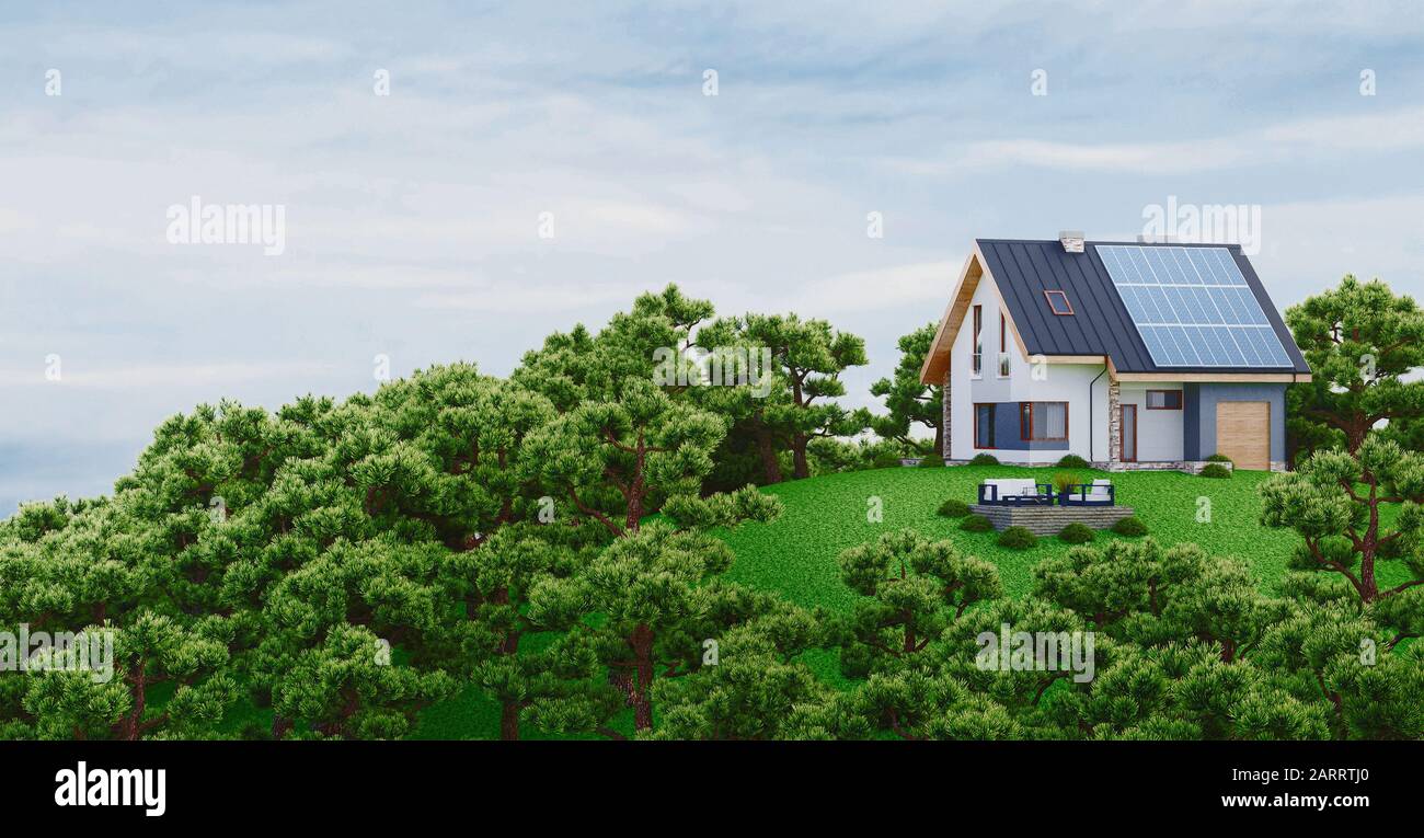 Photovoltaic Solar Panels on Newly Built Modern House, 3d rendering ...