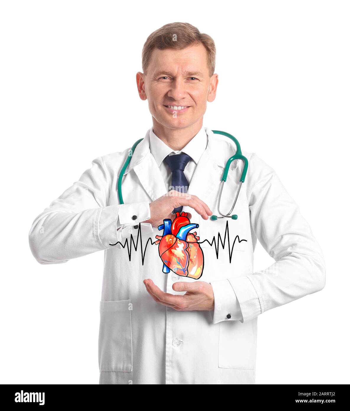 Male cardiologist with drawn heart on white background Stock Photo - Alamy