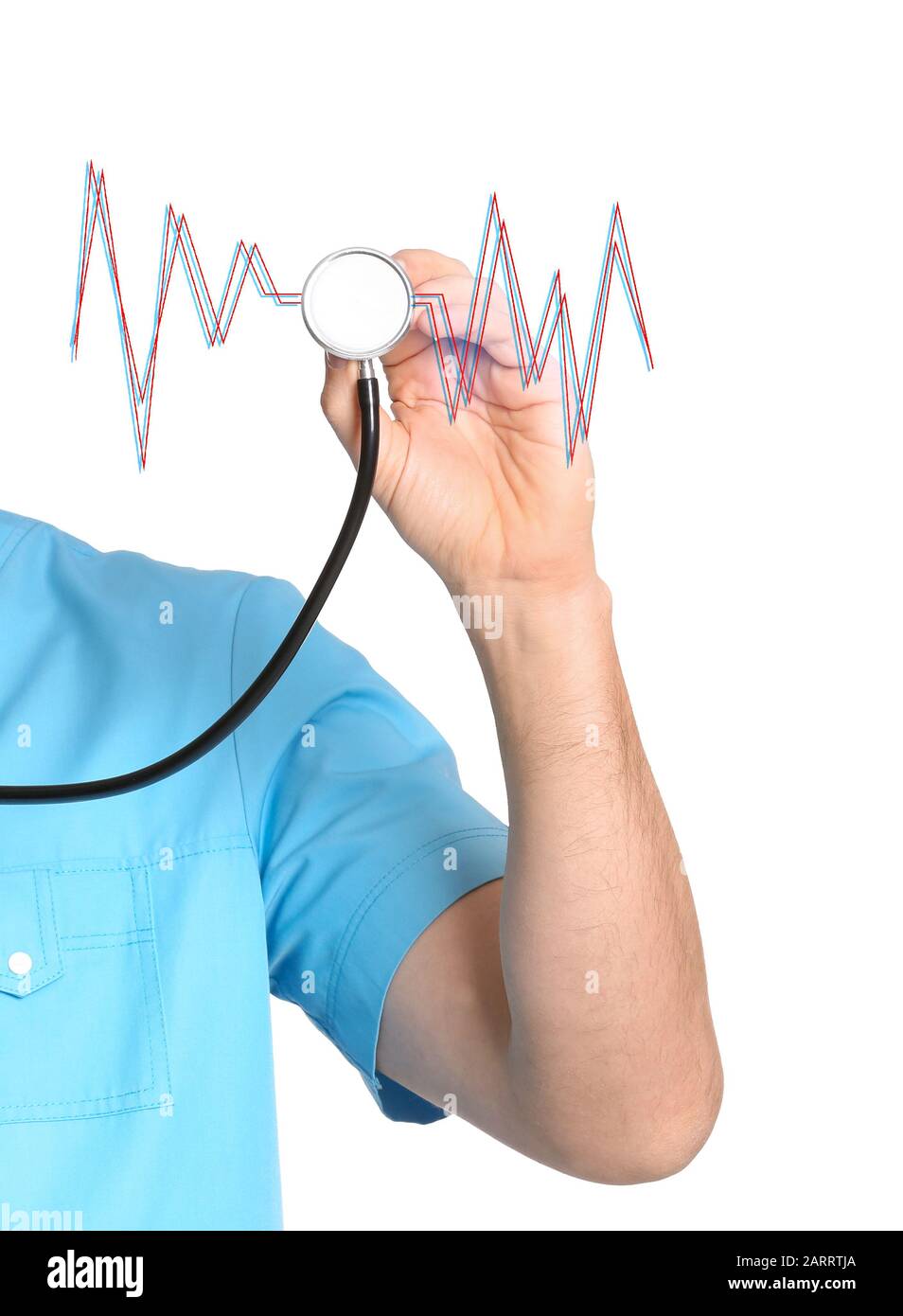 Male cardiologist with drawn cardiogram and stethoscope on white ...
