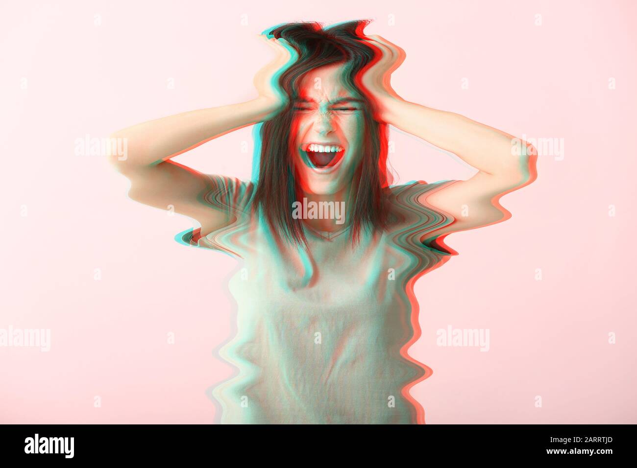 Stressed young woman on color background Stock Photo - Alamy