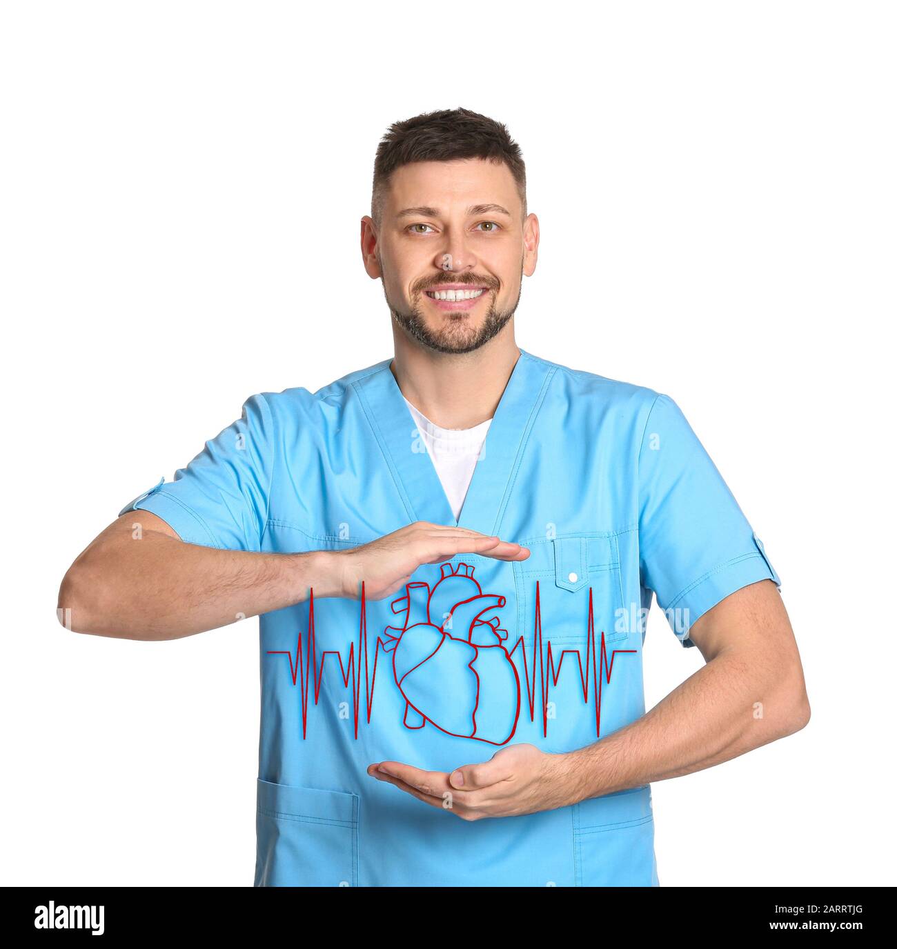 Male cardiologist with drawn heart and cardiogram on white background ...