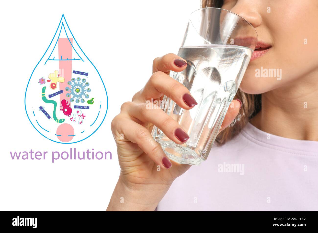 Young woman drinking water and drawn drop with microbes on white ...