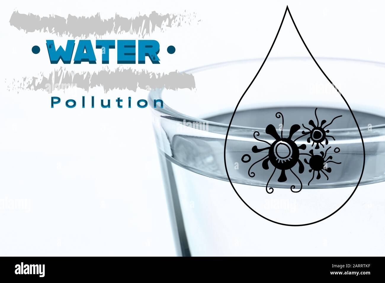 Glass of water and drawn drop with microbes on white background ...