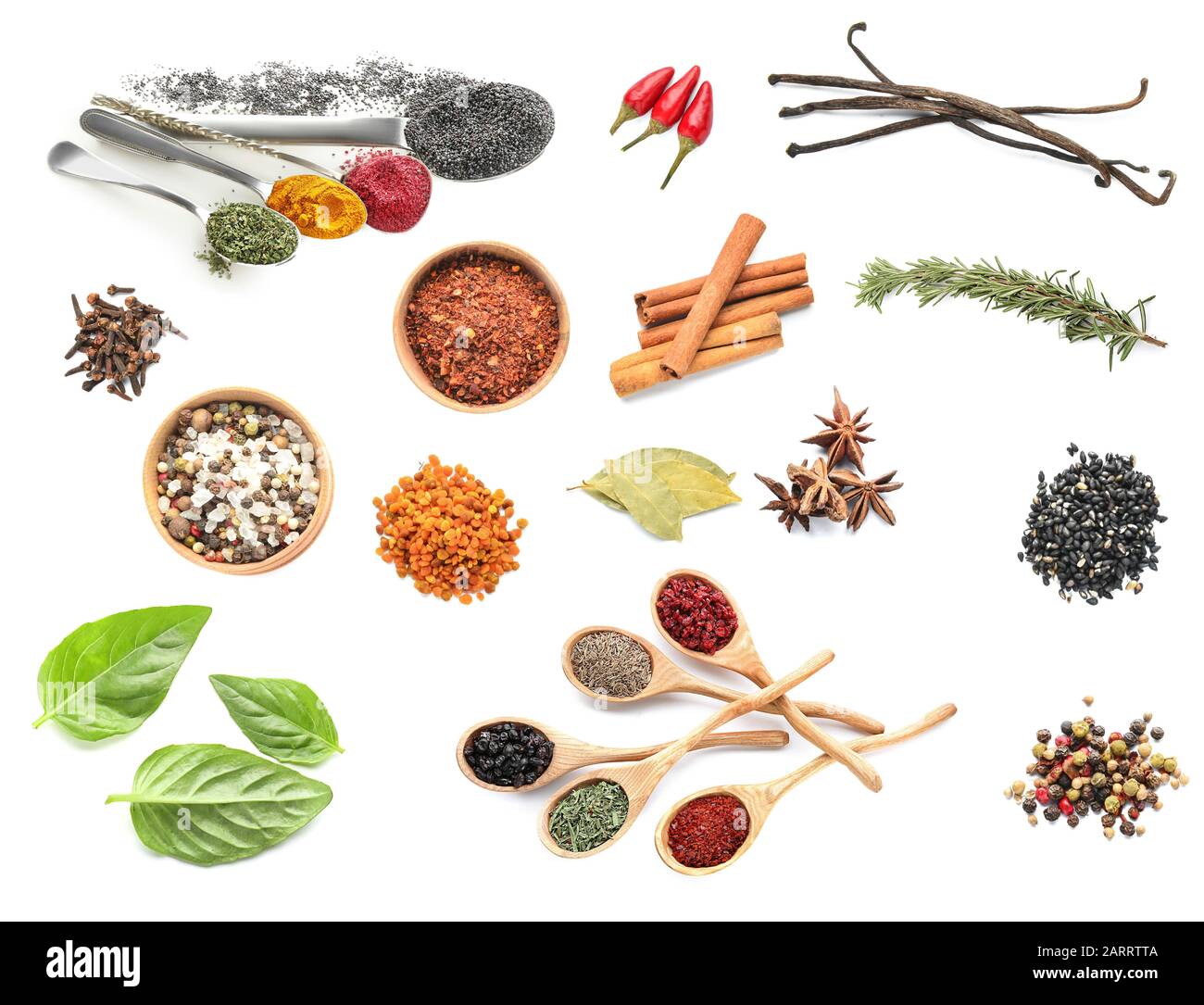 Many different herbs and spices on white background Stock Photo - Alamy