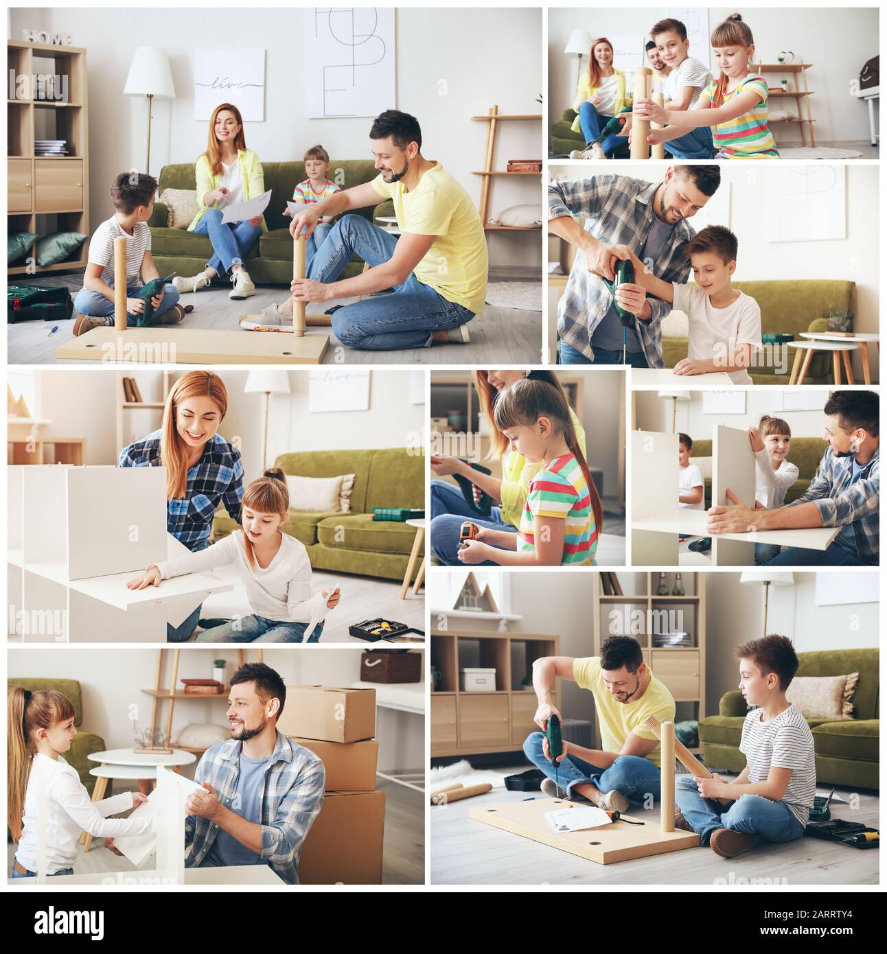 Collage of photos with family assembling furniture at home Stock Photo ...