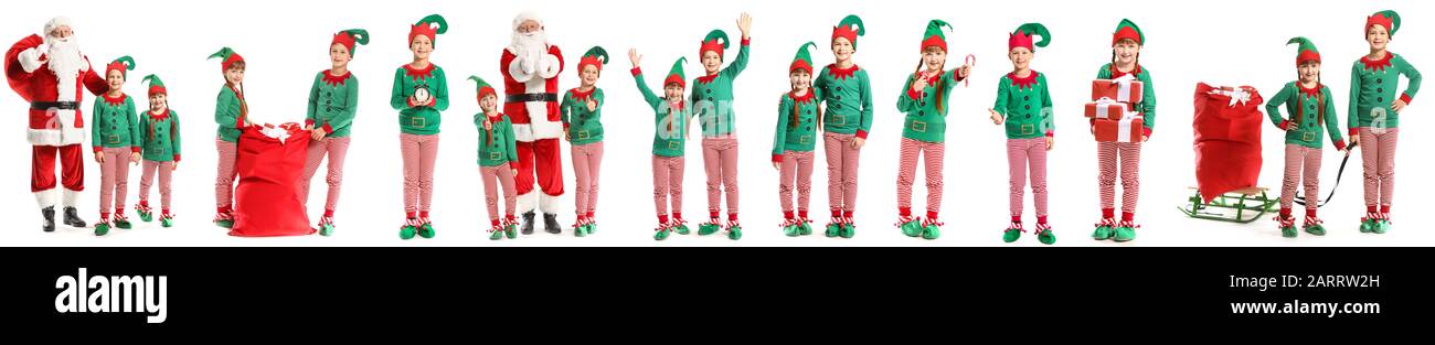 Collage with Santa Claus and little elf kids on white background Stock ...
