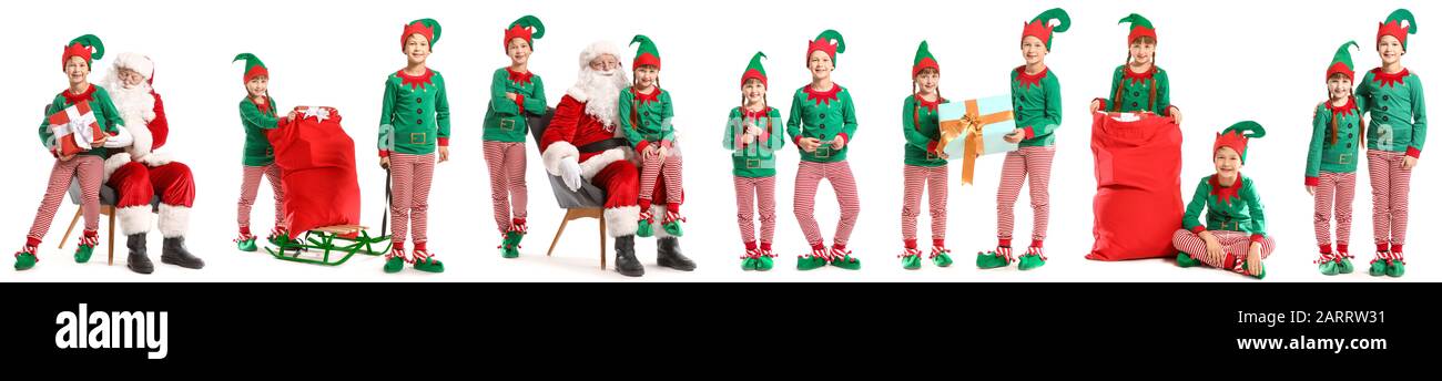 Collage with Santa Claus and little elf kids on white background Stock ...