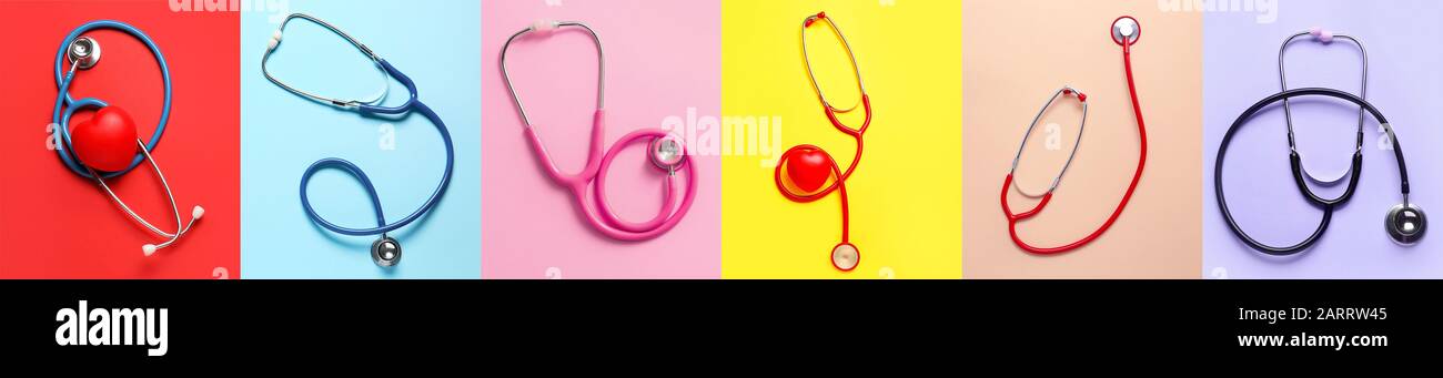 Collage with modern stethoscopes on color background Stock Photo - Alamy