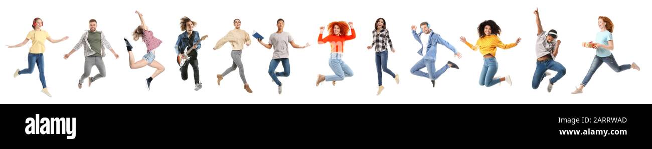Set of different jumping people on white background Stock Photo - Alamy