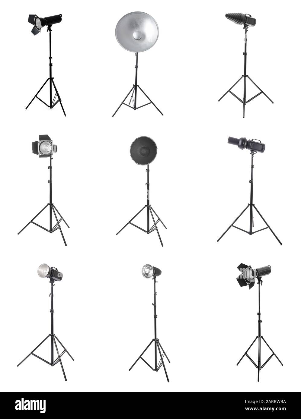 Set of different professional equipment for photo studio on white ...