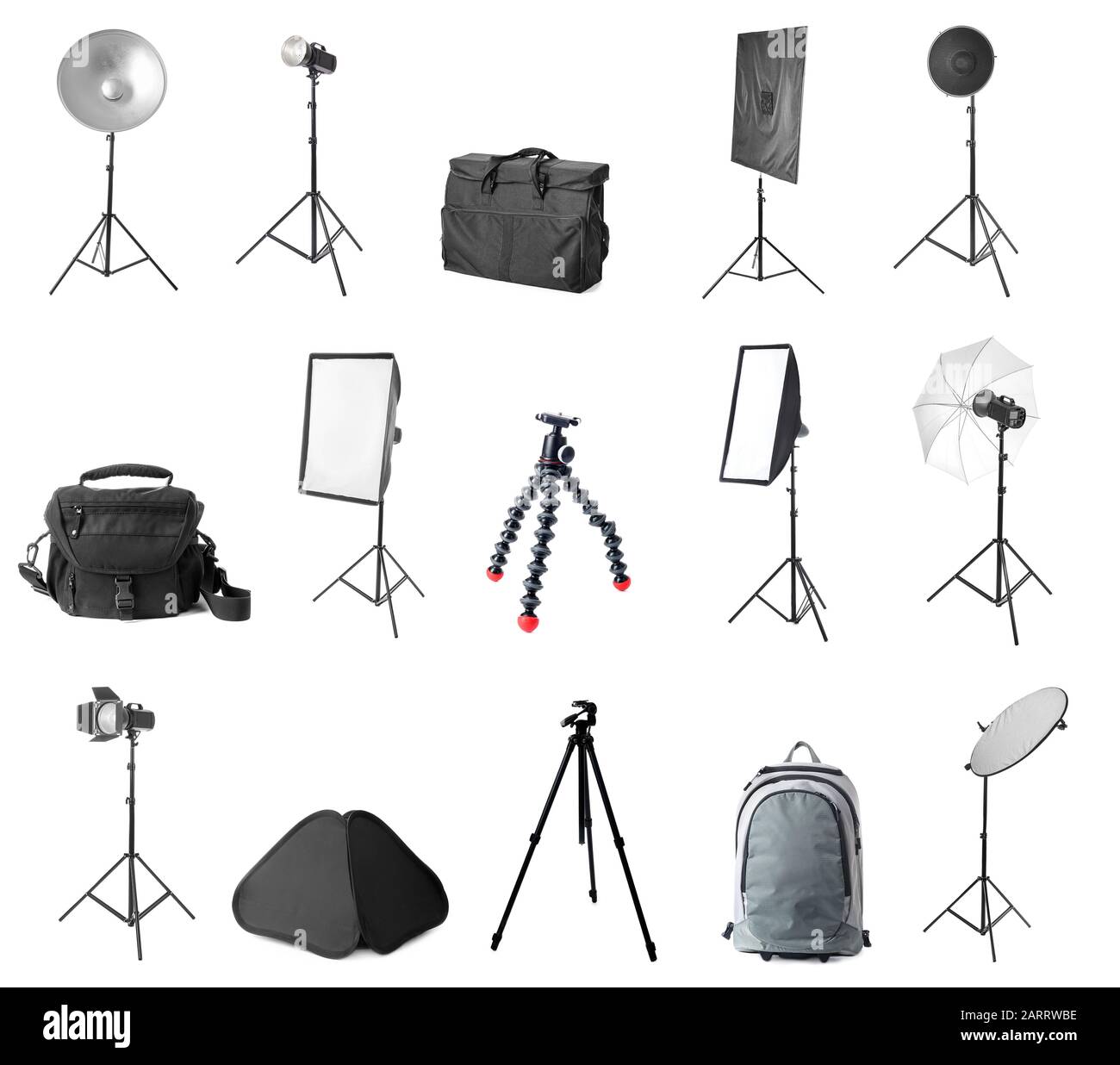 Set of different professional equipment for photo studio on white ...