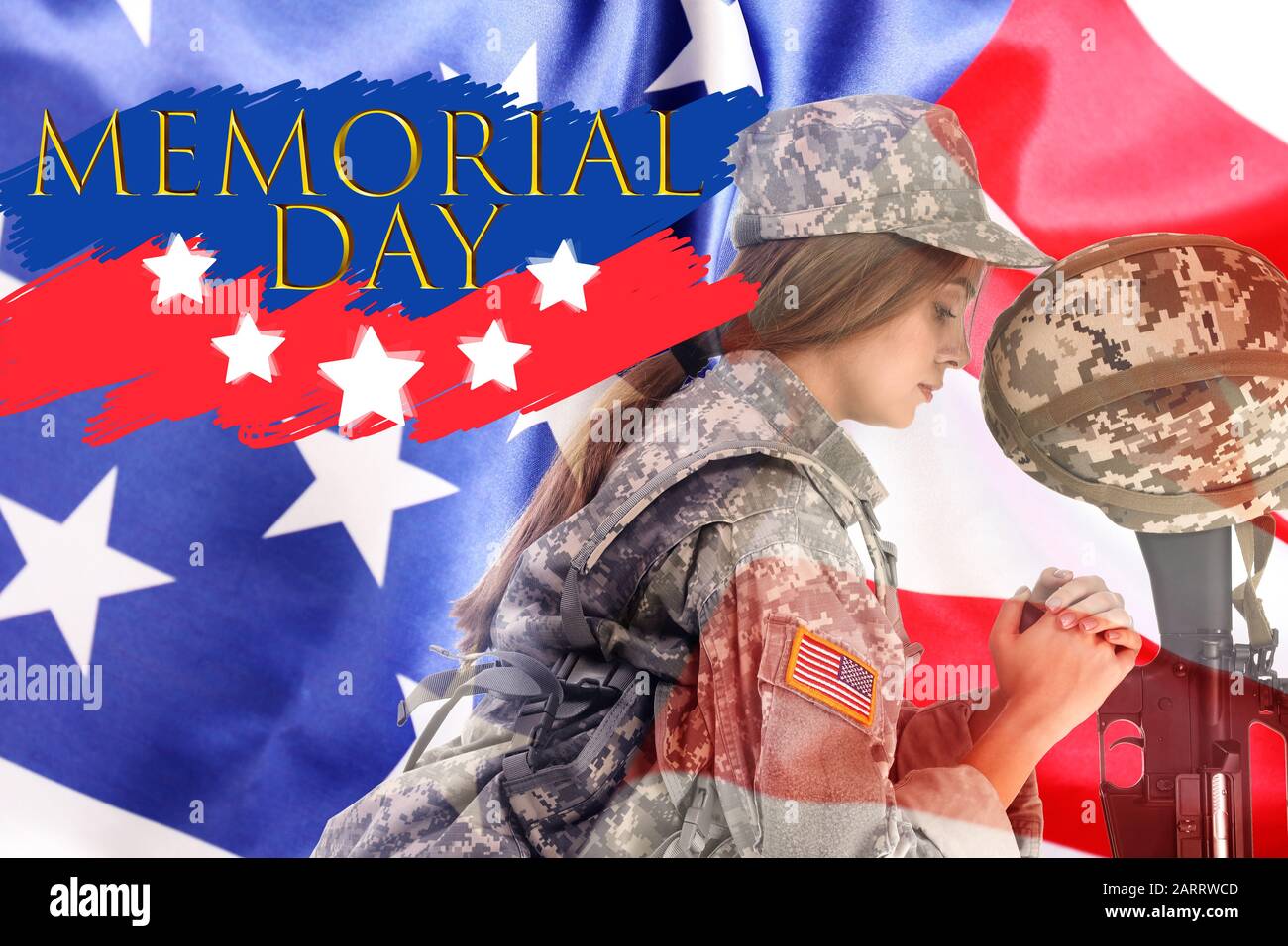 Double exposure of USA flag and young female soldier mourning for her ...