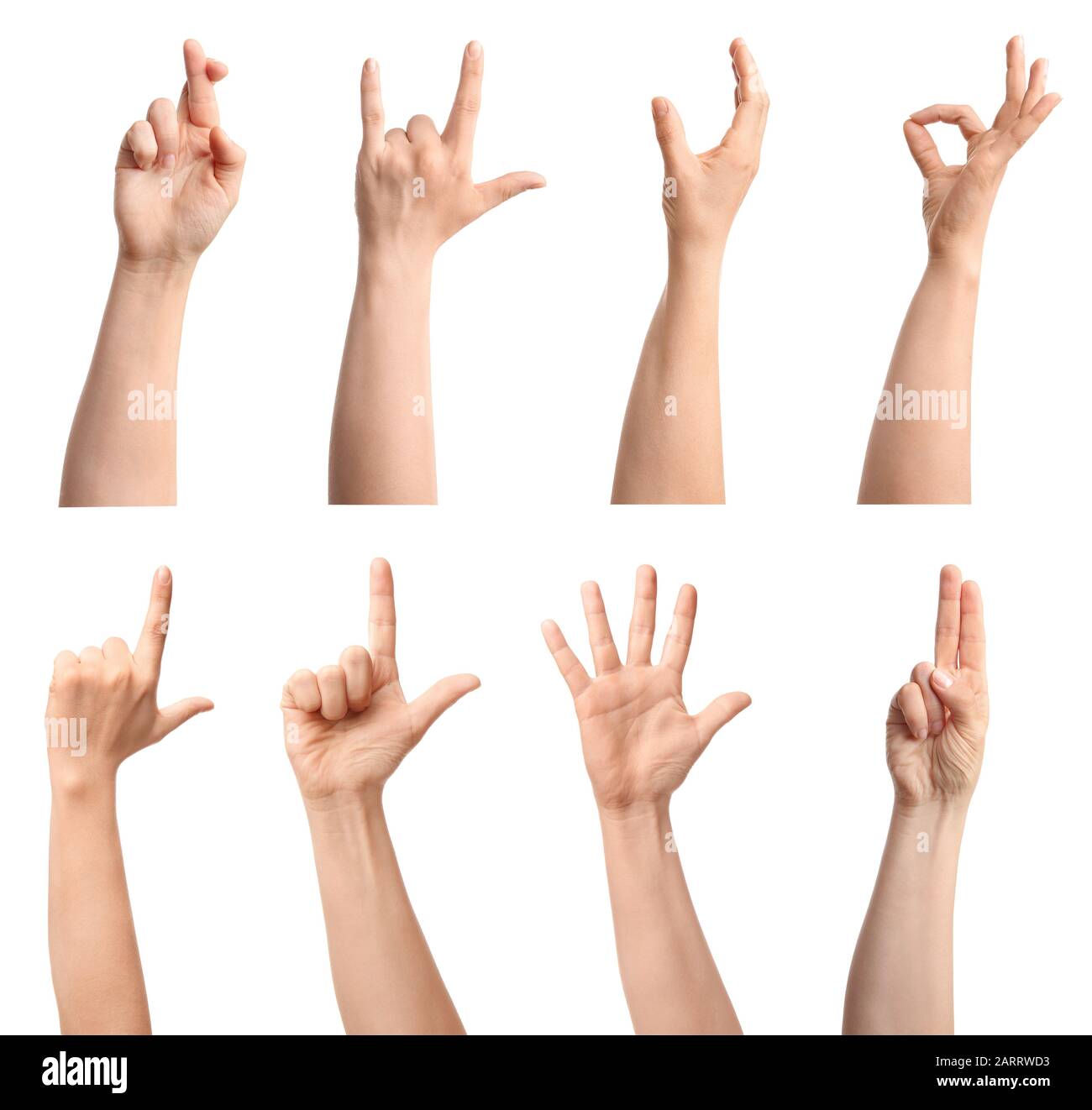 Gesturing female hands on white background Stock Photo - Alamy