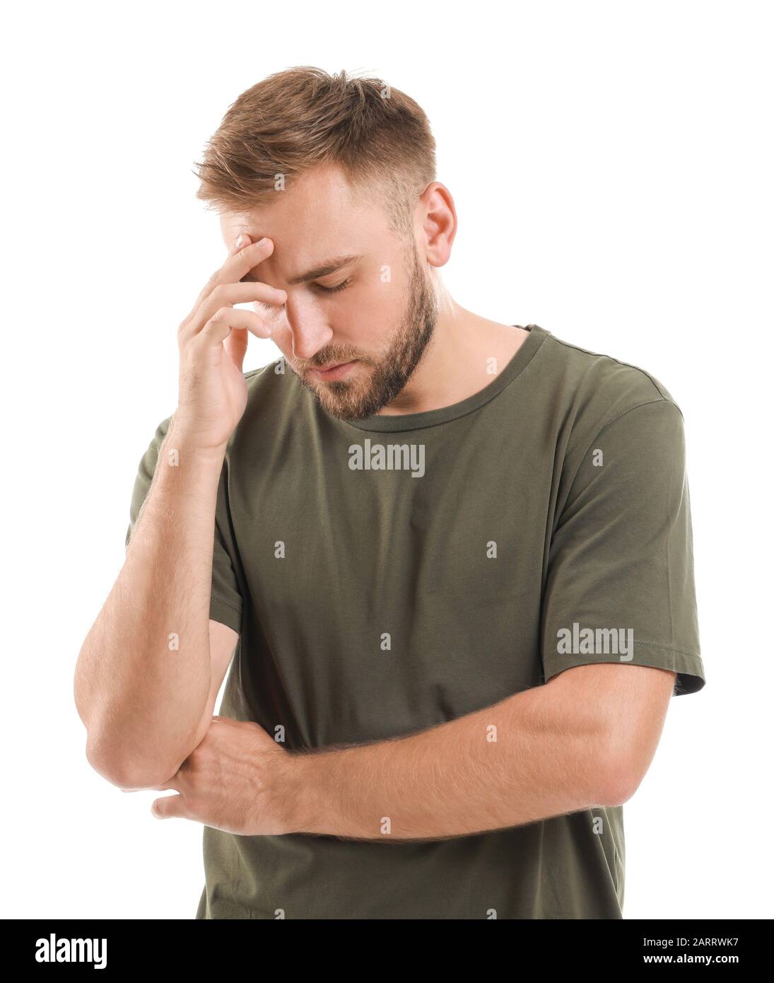 Stressed young man on white background Stock Photo - Alamy