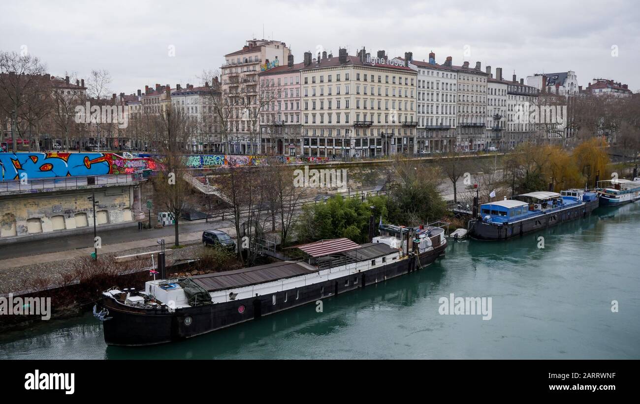 Barges laying at quay along General Sarail Quay, Lyon, Rhone, AURA ...