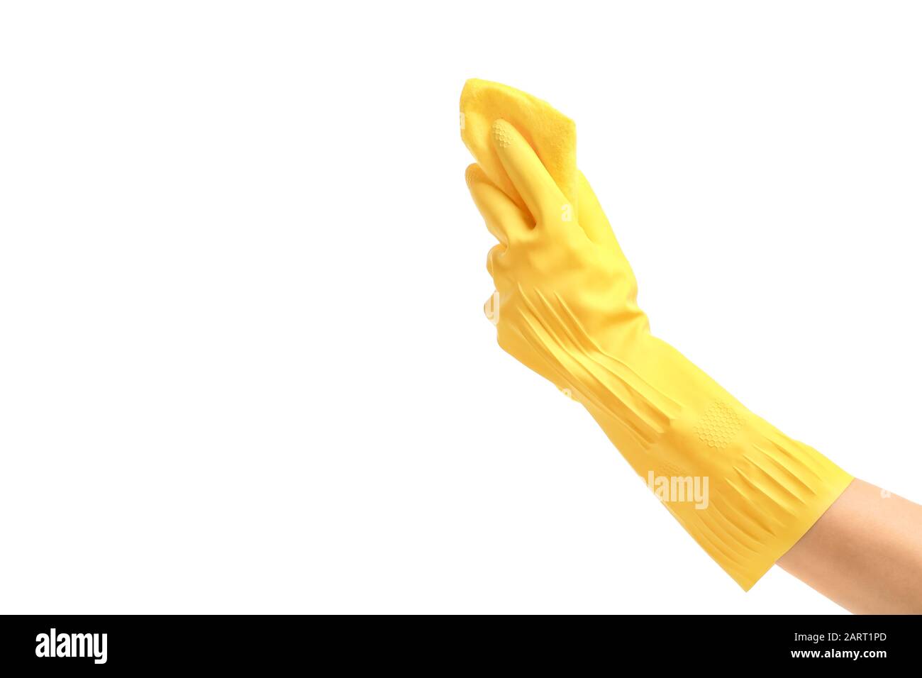 Female hand in glove holding cleaning rag on white background Stock ...