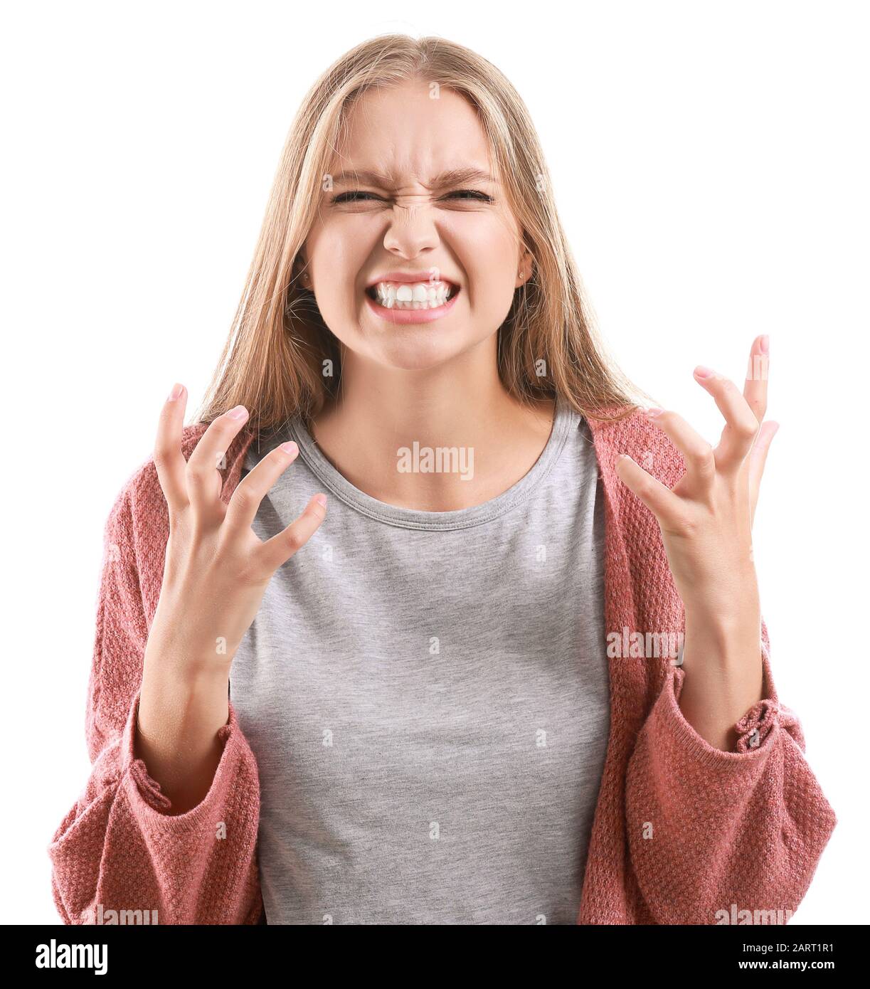 Portrait of angry woman on white background Stock Photo - Alamy