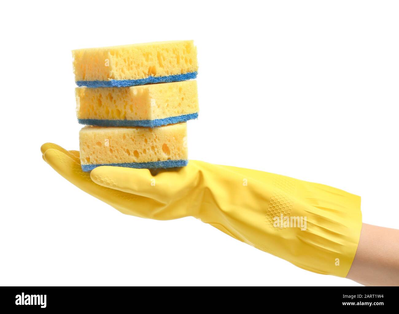Female hand in glove holding cleaning sponges on white background Stock ...