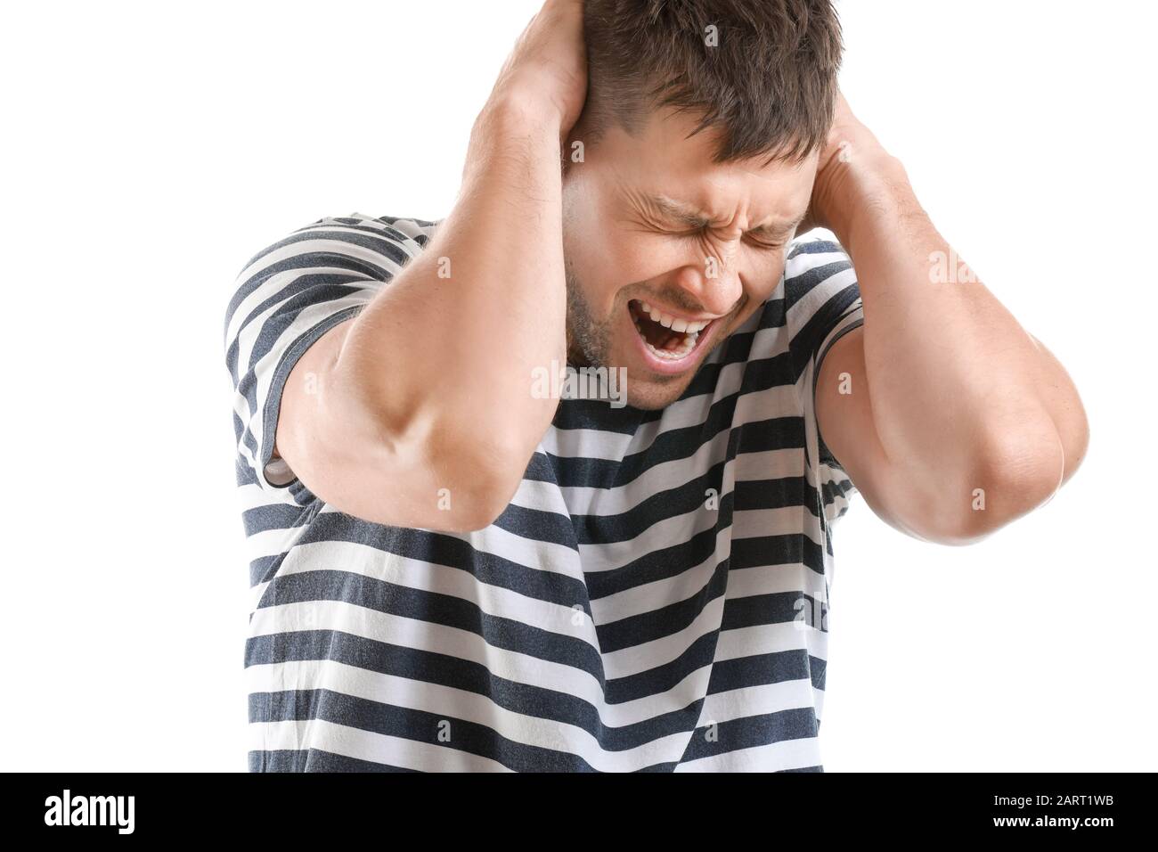 Portrait of stressed man on white background Stock Photo - Alamy