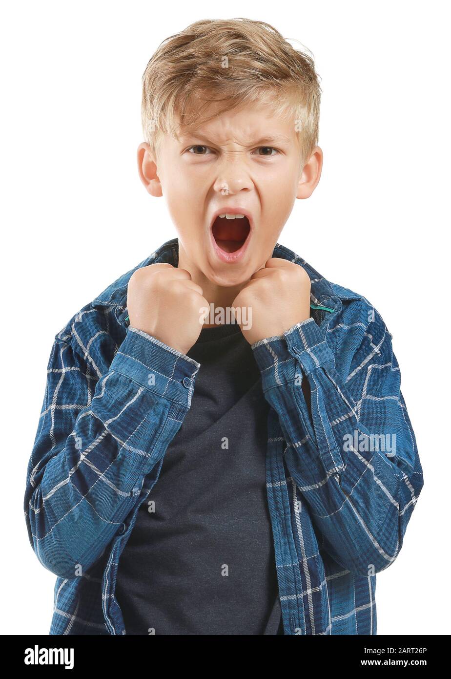 Portrait of angry little boy on white background Stock Photo - Alamy