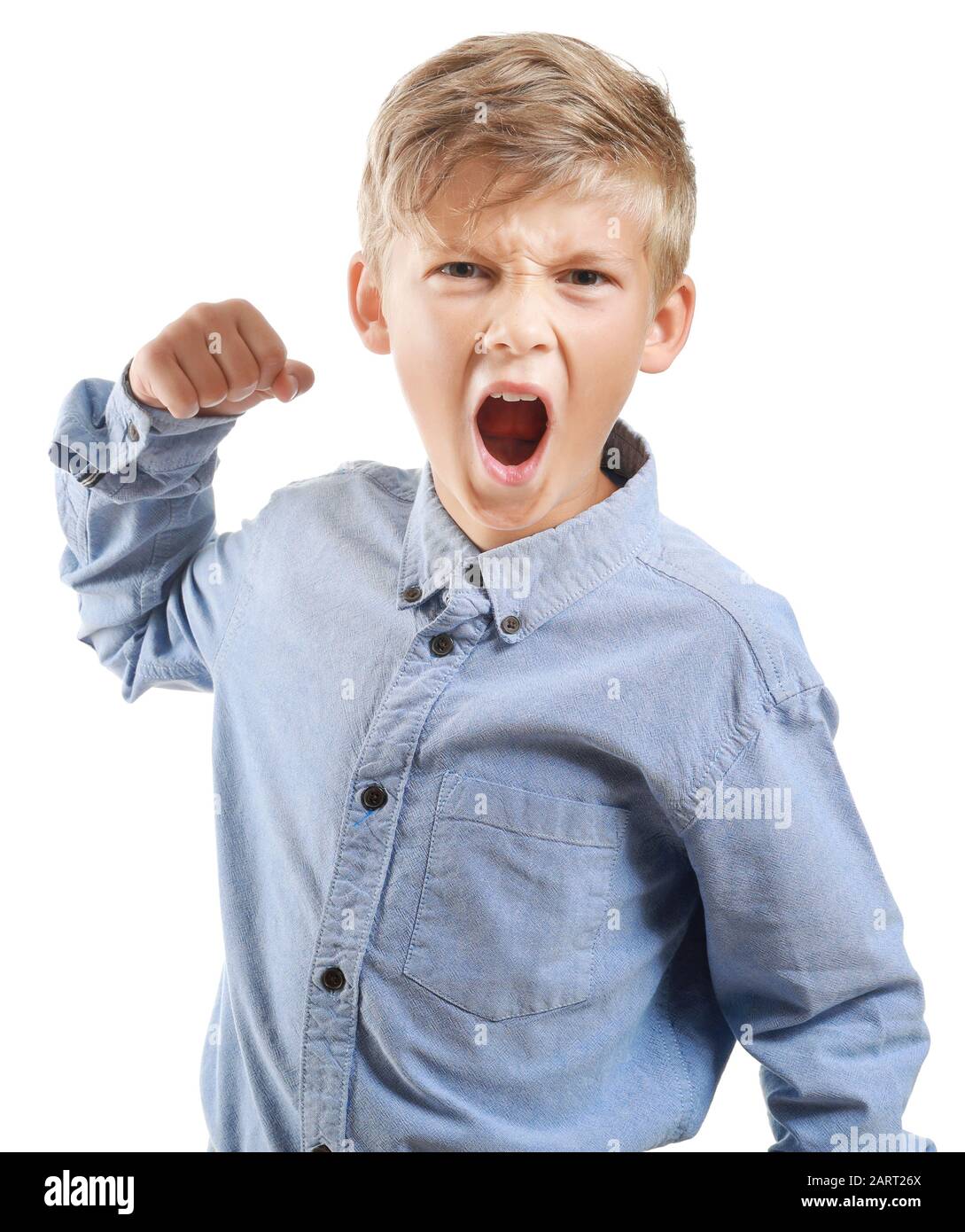 Portrait of angry little boy on white background Stock Photo - Alamy