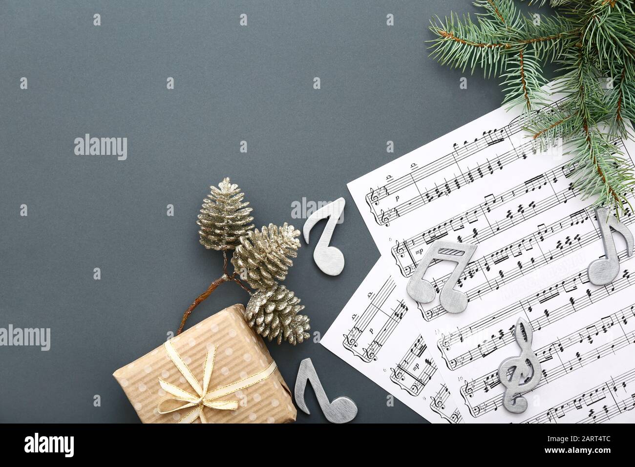 Note sheets and Christmas decor on grey background Stock Photo - Alamy