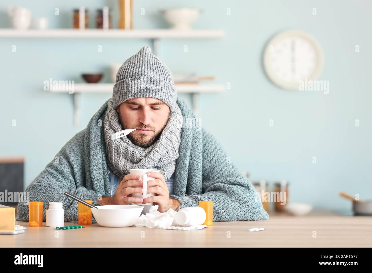 Sick man with chicken soup hi-res stock photography and images - Alamy