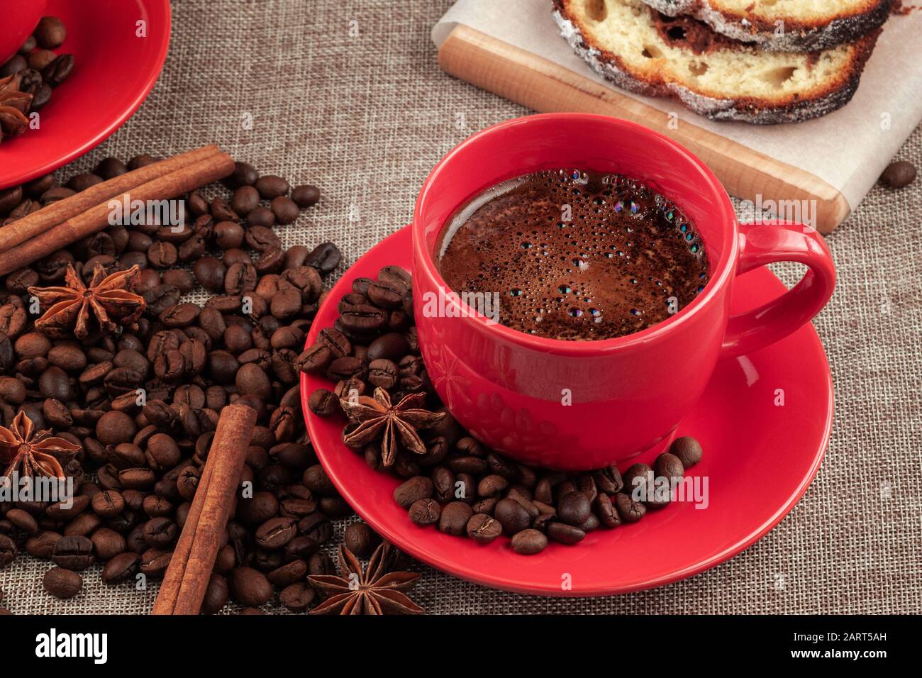 Two cups of freshly brewed coffee on the table Stock Photo - Alamy