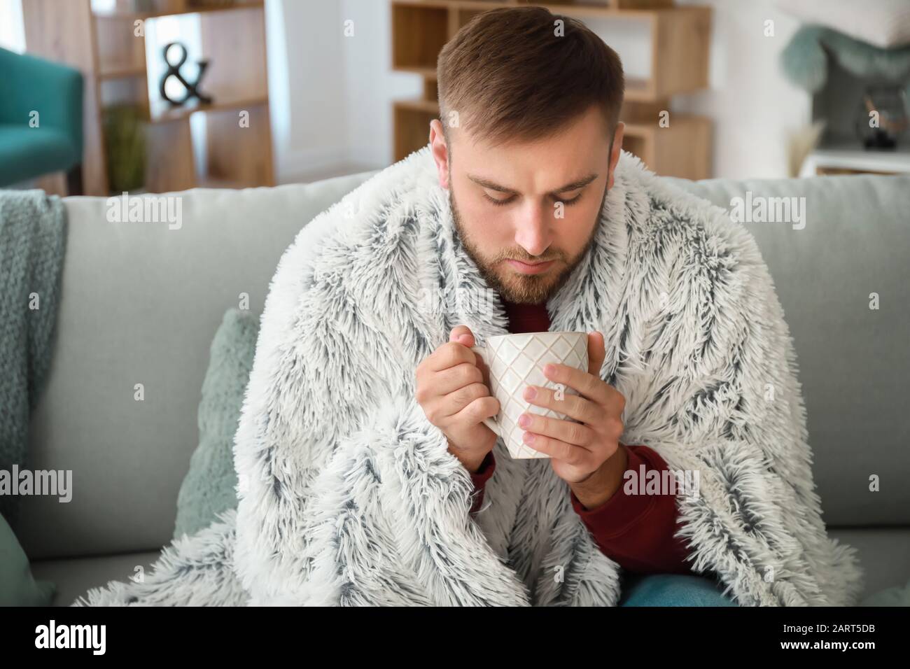 Sick man coughing drinking hot hi-res stock photography and images - Alamy