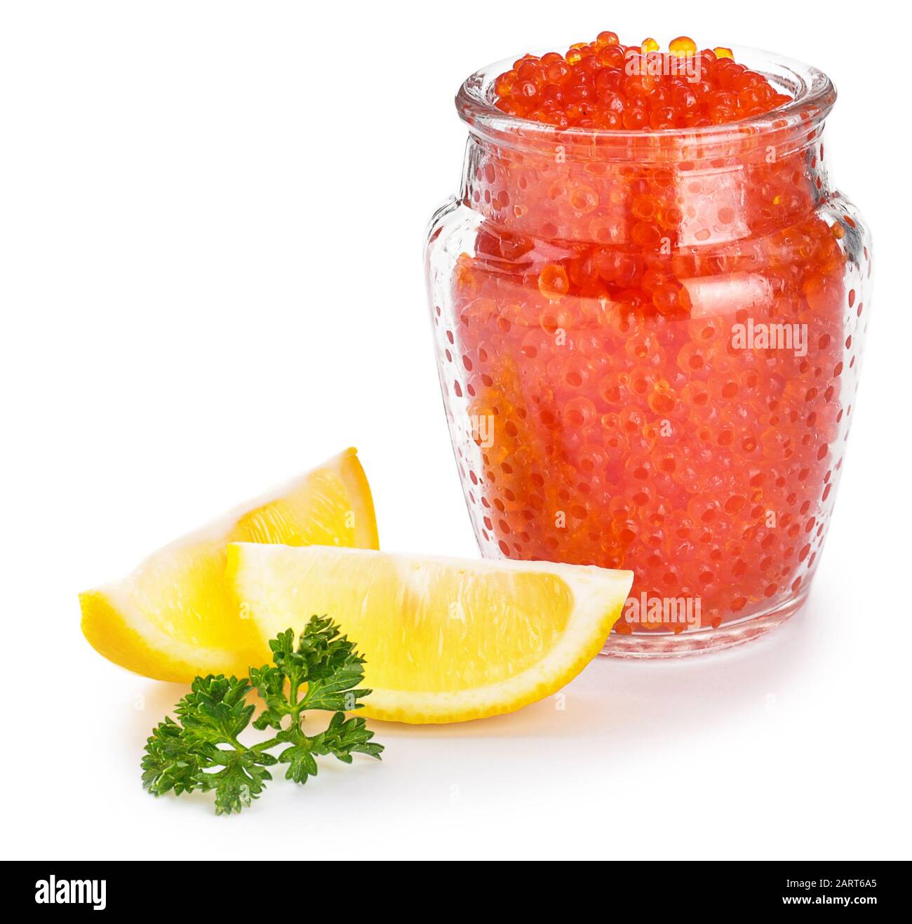 Jar with red caviar and lemon on white background Stock Photo - Alamy