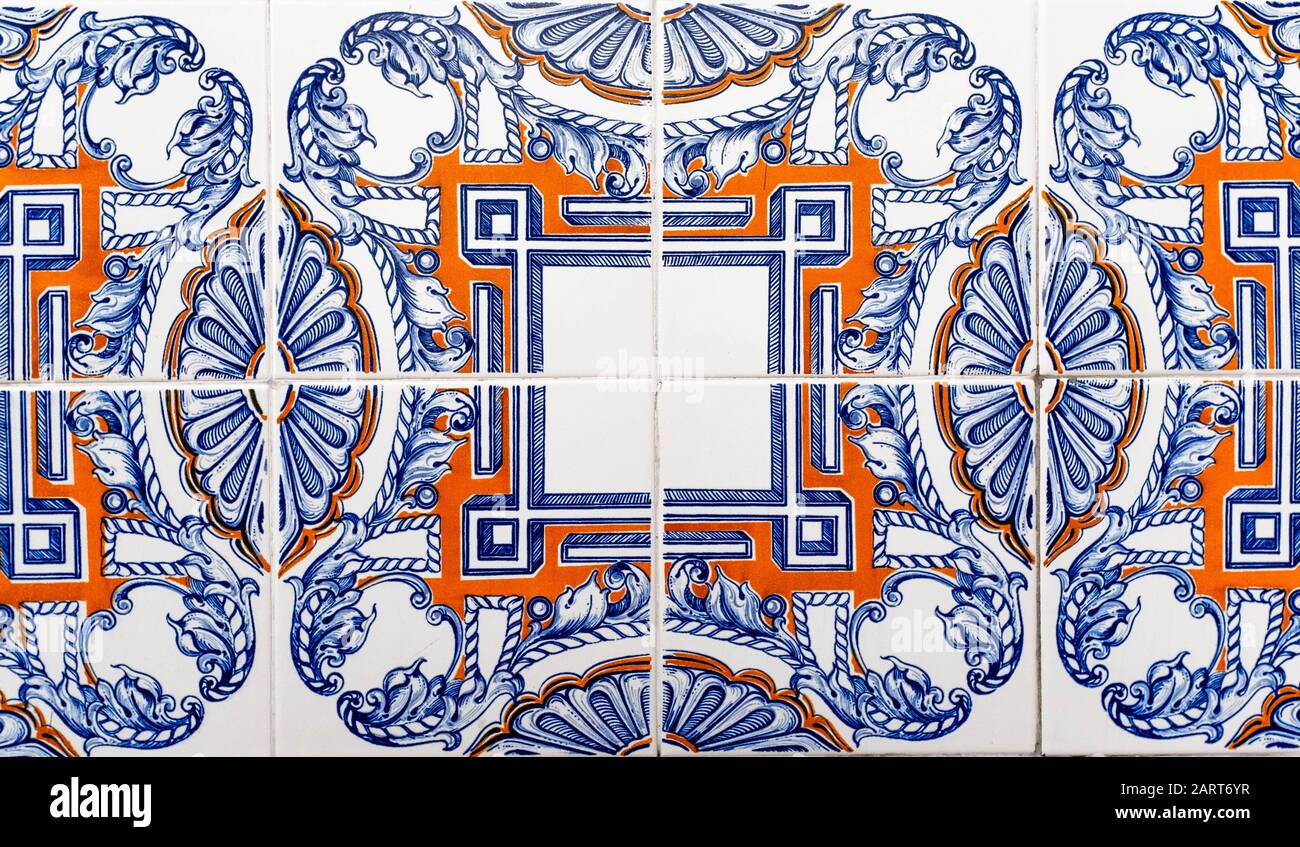 Portuguese traditional tiles Azulejos with blue and orange geometrical ...