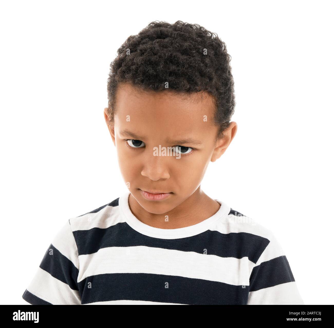 Sad African-American boy on white background Stock Photo - Alamy