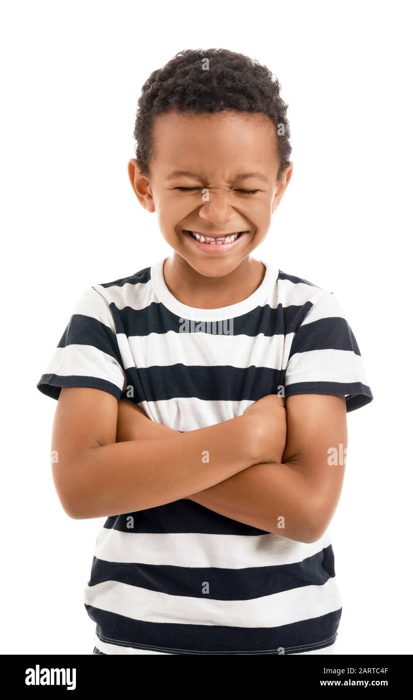 Happy African-American boy on white background Stock Photo - Alamy