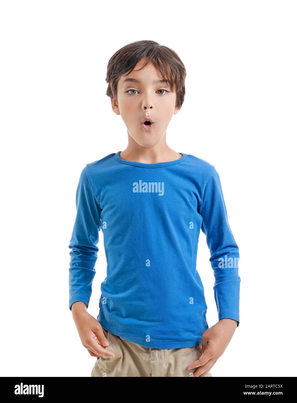 Surprised little boy on white background Stock Photo - Alamy