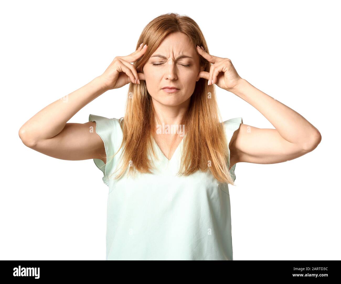 Stressed woman on white background Stock Photo - Alamy