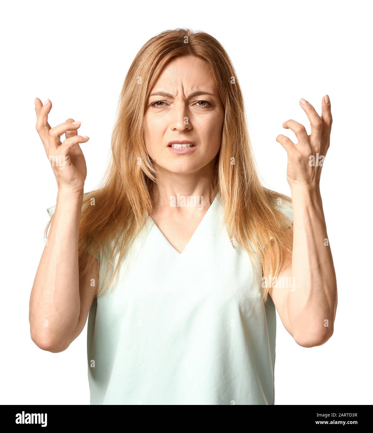 Stressed woman on white background Stock Photo - Alamy