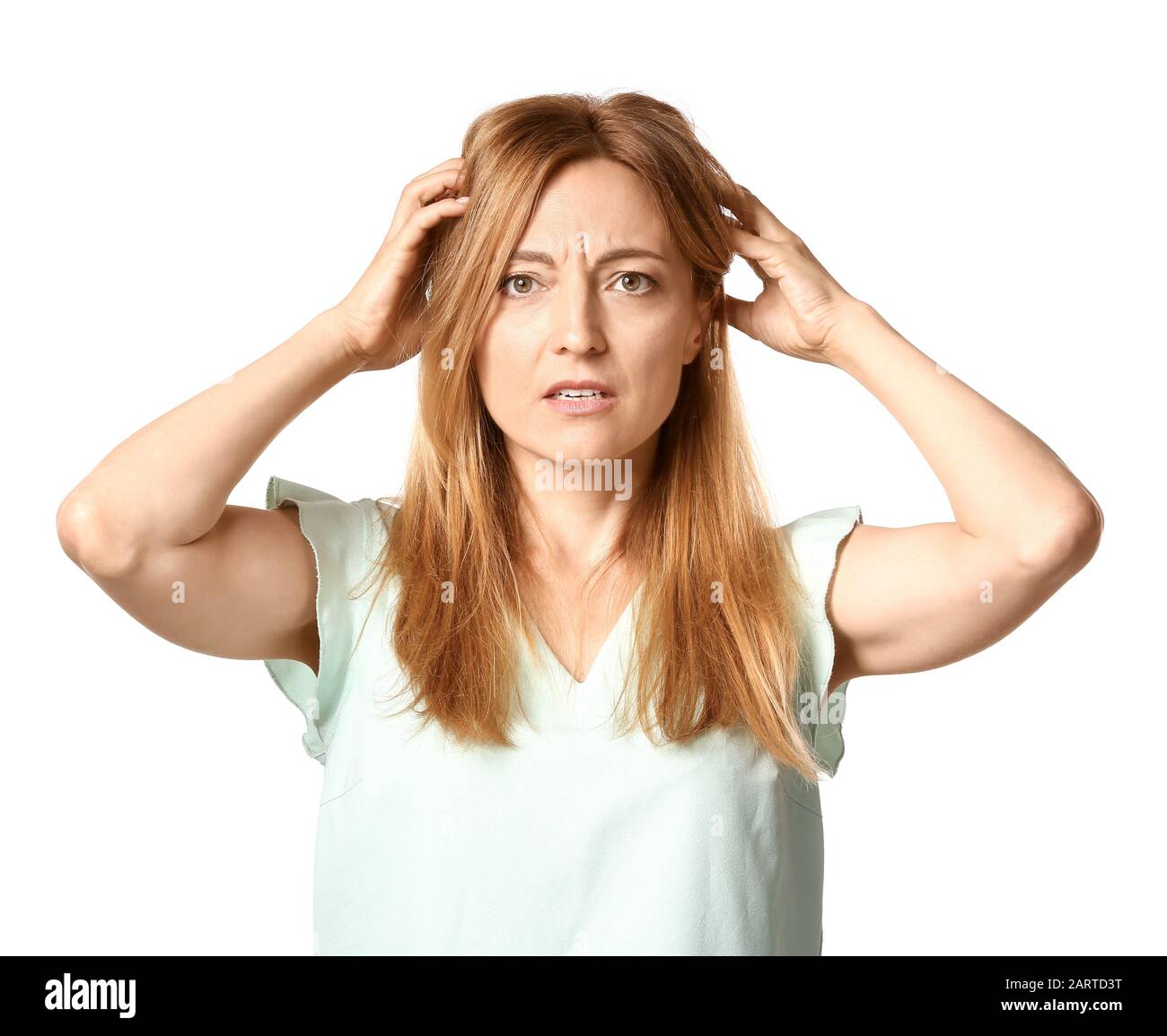 Stressed woman on white background Stock Photo - Alamy