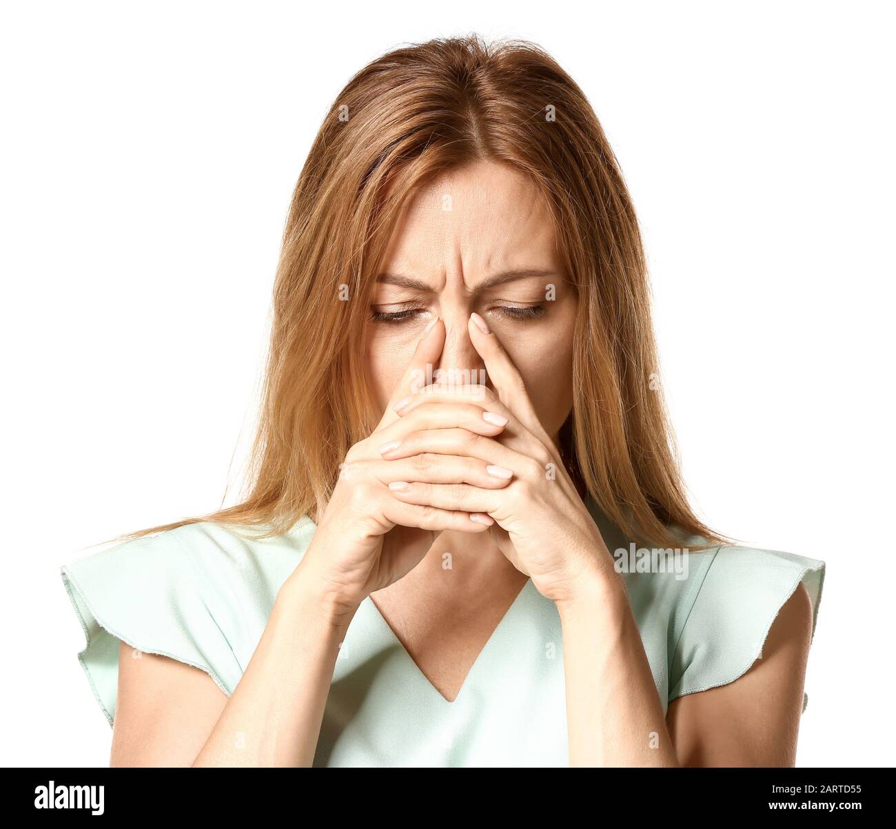 Stressed woman on white background Stock Photo - Alamy