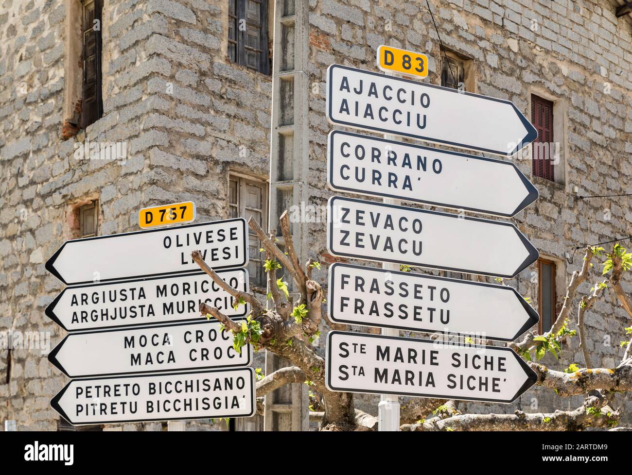 Bilingual, French and Corsican, road signs in village of Vergajo, Corse ...
