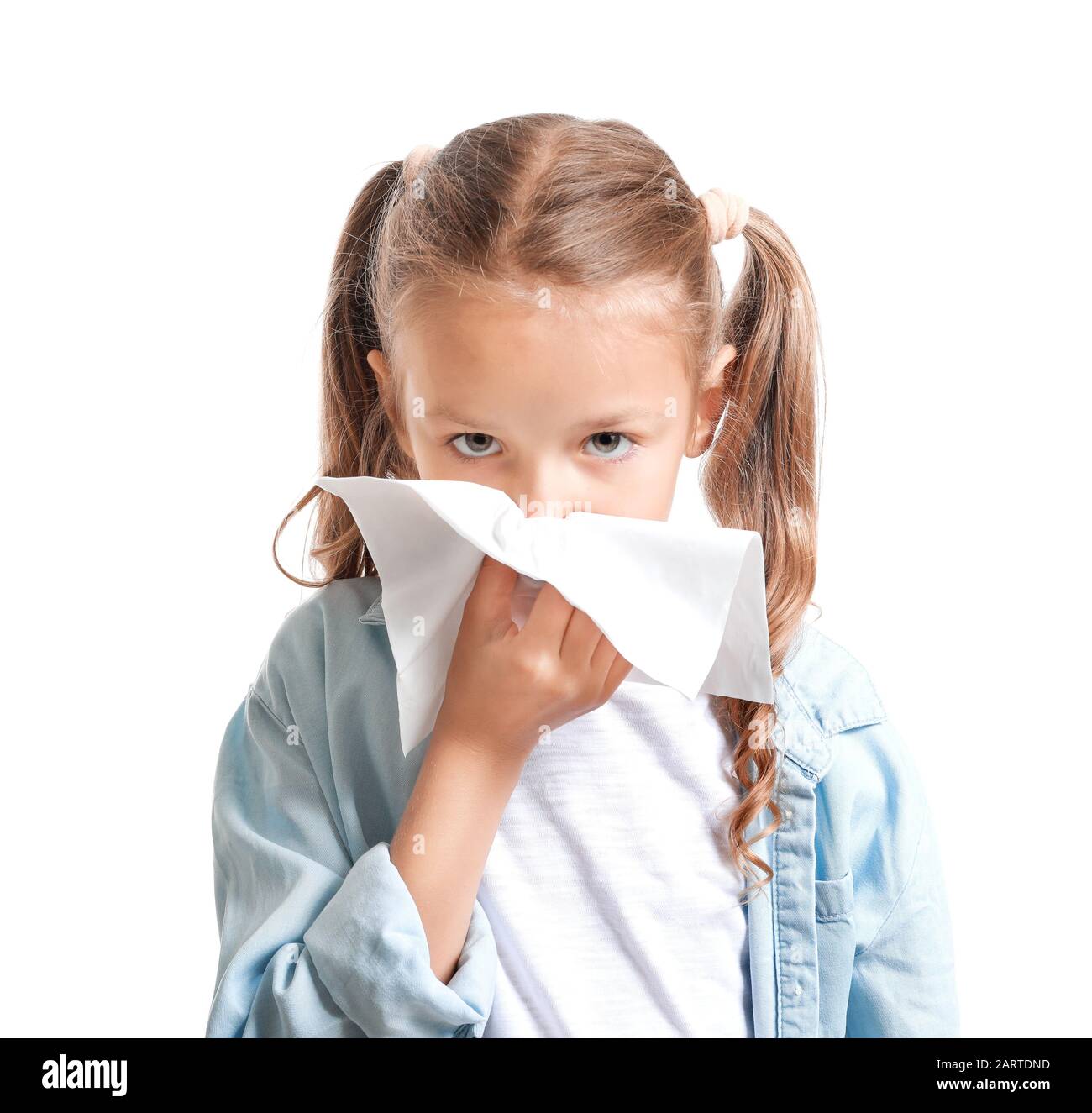 Little girl suffering from allergy on white background Stock Photo - Alamy