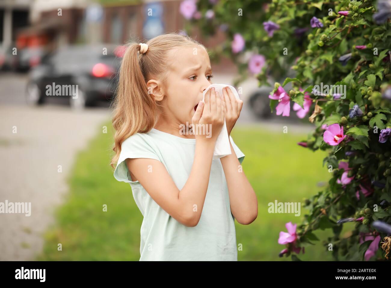 Little girl suffering from allergy outdoors Stock Photo - Alamy