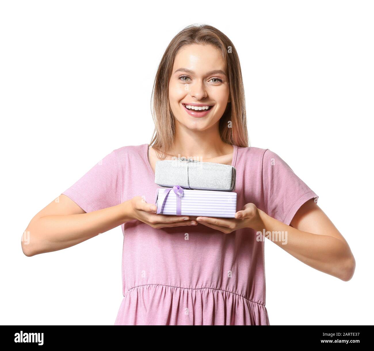 Beautiful woman with gift boxes on white background Stock Photo - Alamy